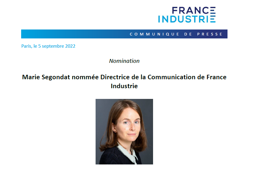 Marie Segondat nommée Directrice de la Communication de France Industrie – France Industrie