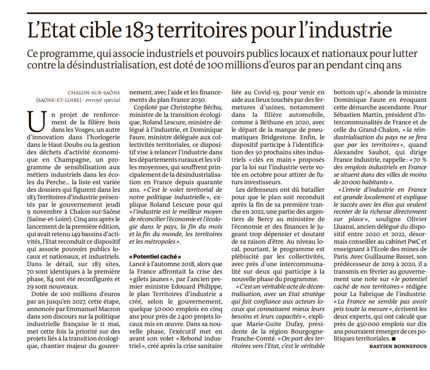 [Le Monde] L'Etat cible 183 territoires pour sa politique industrielle – France Industrie